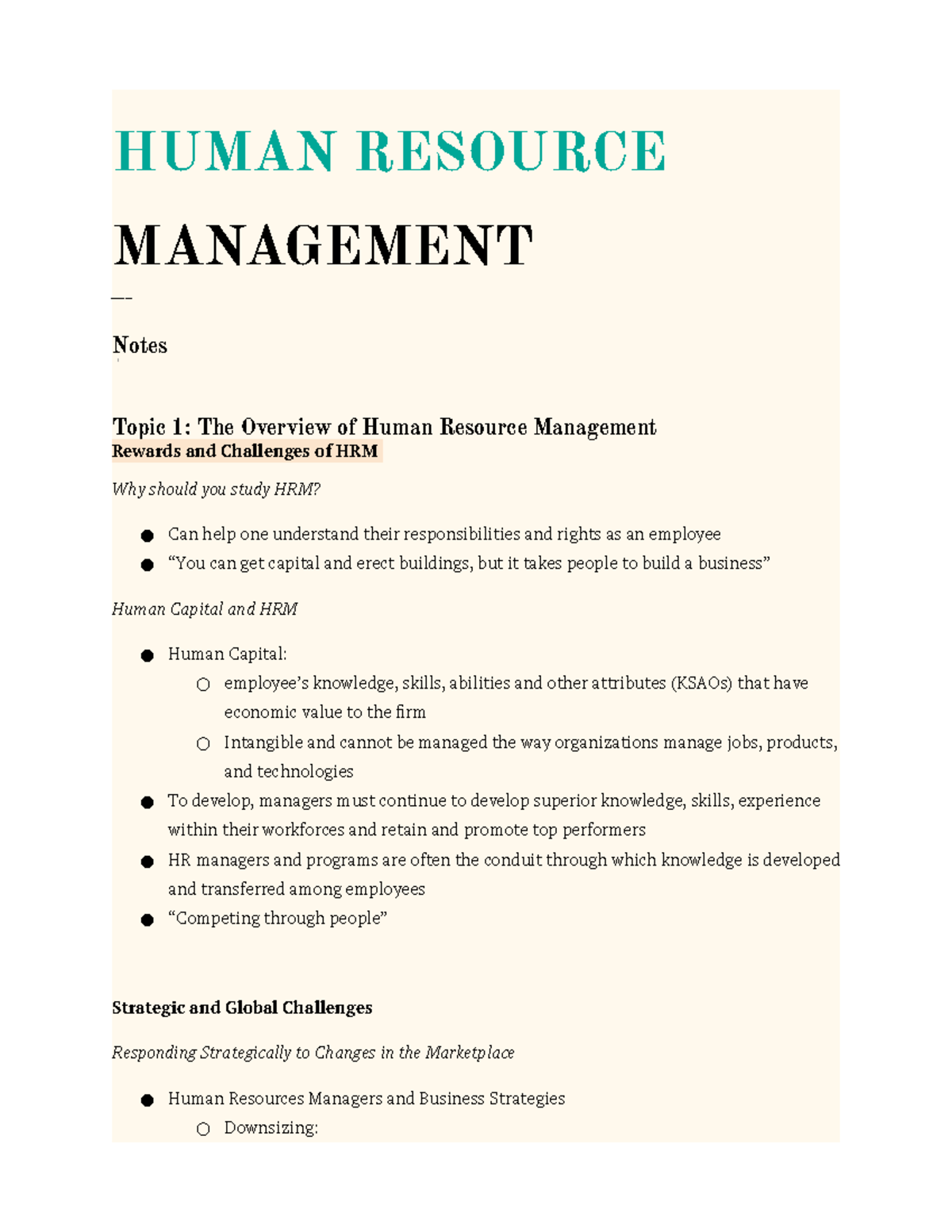 HRM Notes - HUMAN RESOURCE MANAGEMENT ___ Notes Topic 1: The Overview ...