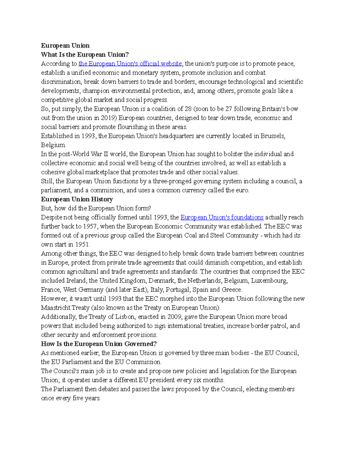 EU - notes - European Union What Is the European Union? According to ...