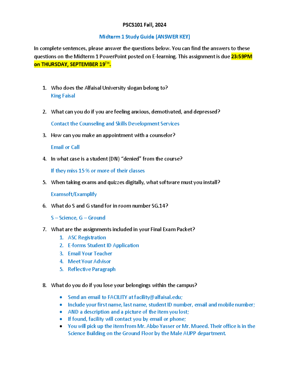 Answer Key -Mid1Study Guide - PSCS101 Fall, 202 4 Midterm 1 Study Guide ...