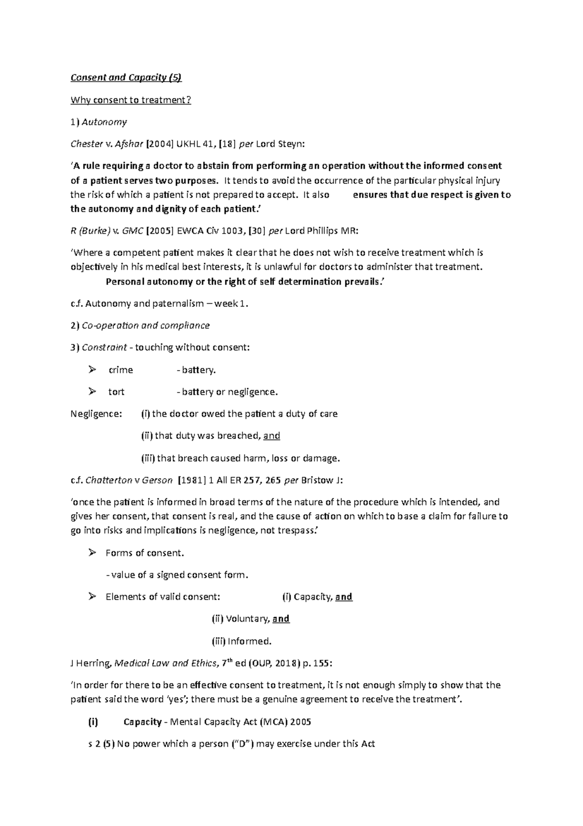 Consent and Capacity - Lecture notes 5 - Consent and Capacity (5) Why ...