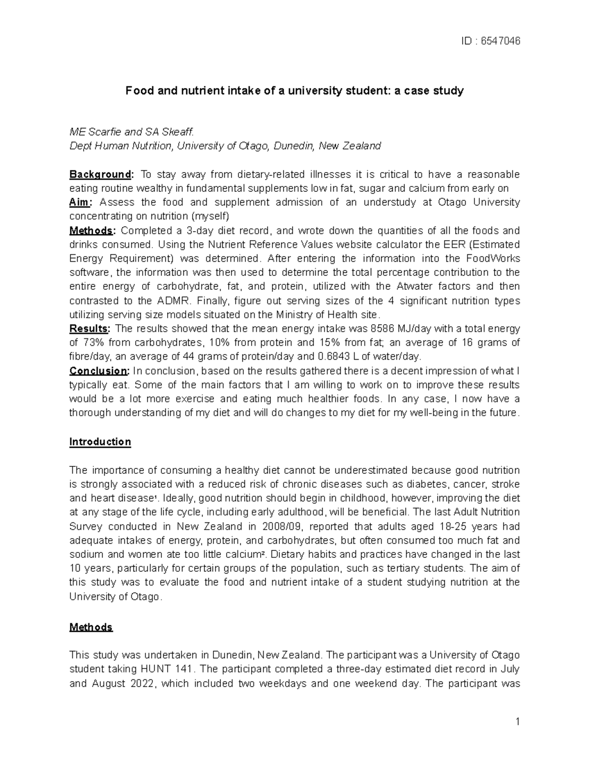 HUNT141 Written Assignment - Food and nutrient intake of a university student: a case study ME ...
