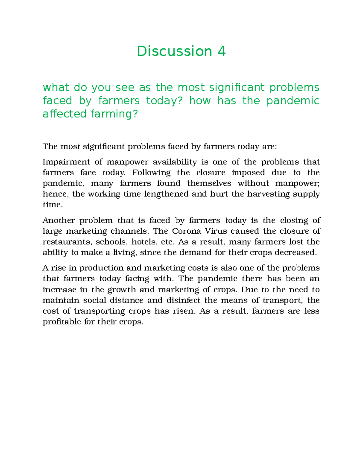 Discussion 4 - Problems faced by farmers writing assignment ...