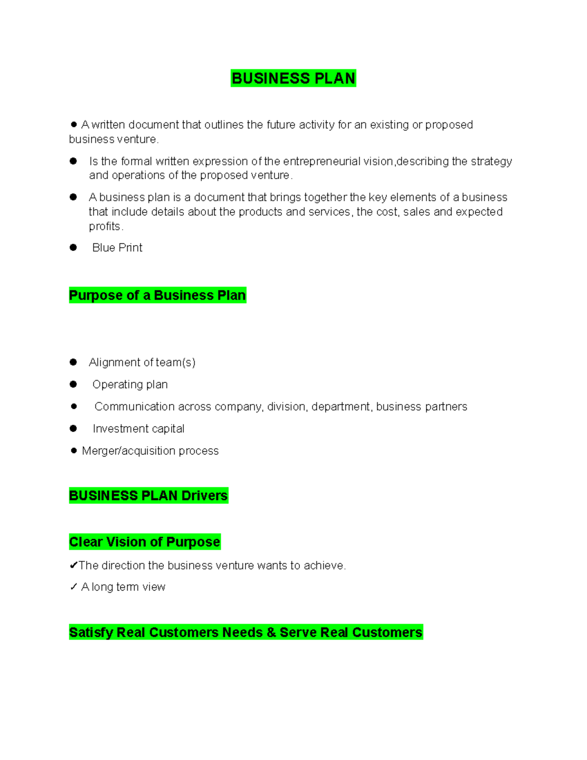 Business Planing II - BUSINESS PLAN ⚫ A written document that outlines ...