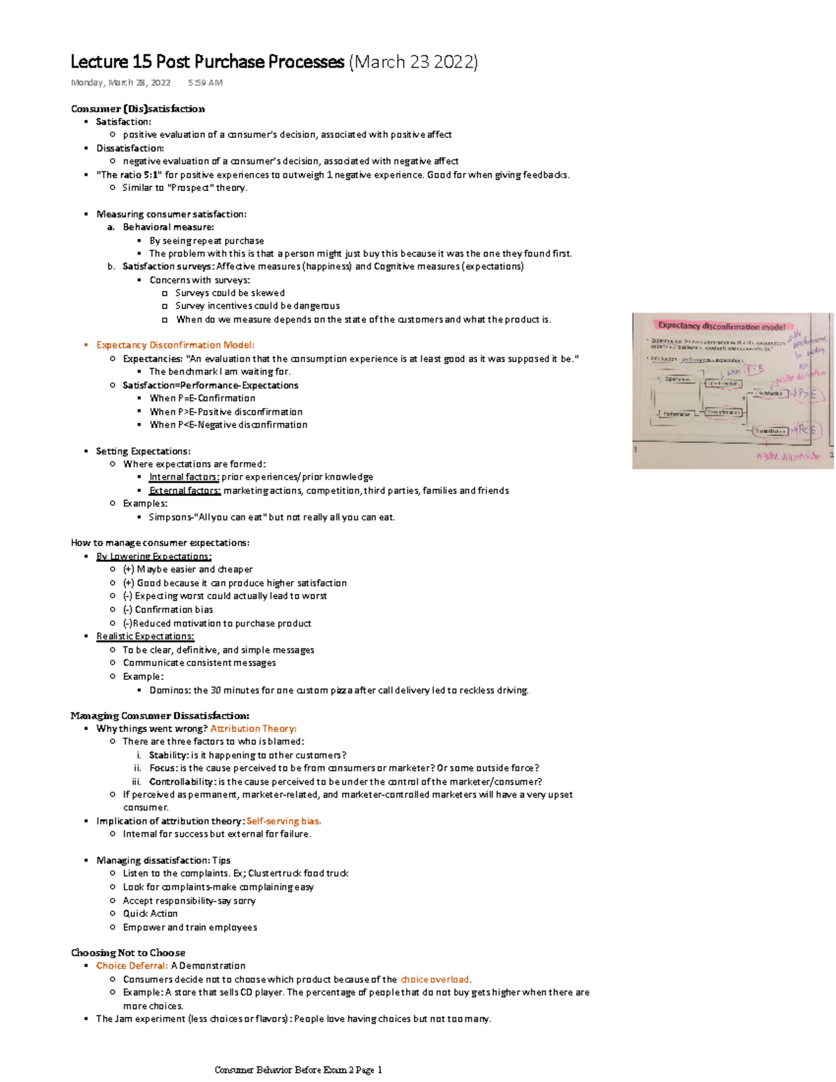 Lecture 15 Post Purchase Processes - Consumer (Dis)satisfaction Satisfaction: positive ...