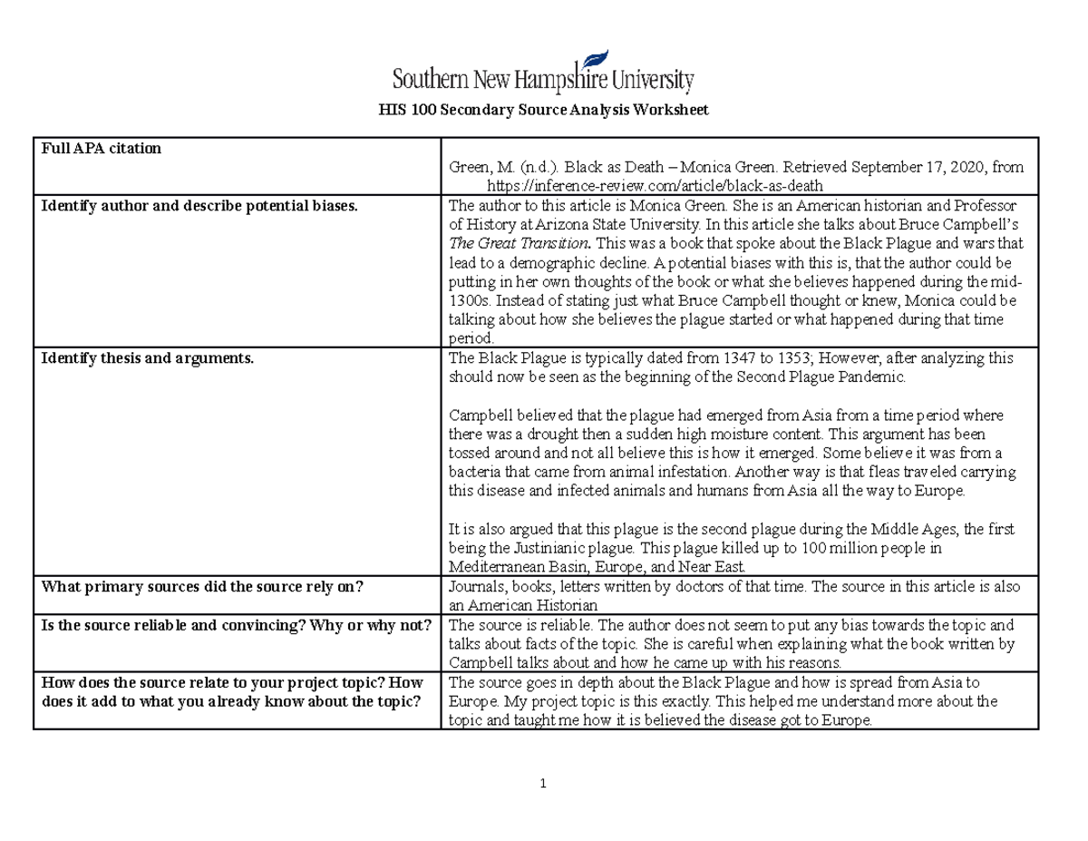 HIS 100 Secondary Source Analysis Worksheet - HIS 100 Secondary Source ...