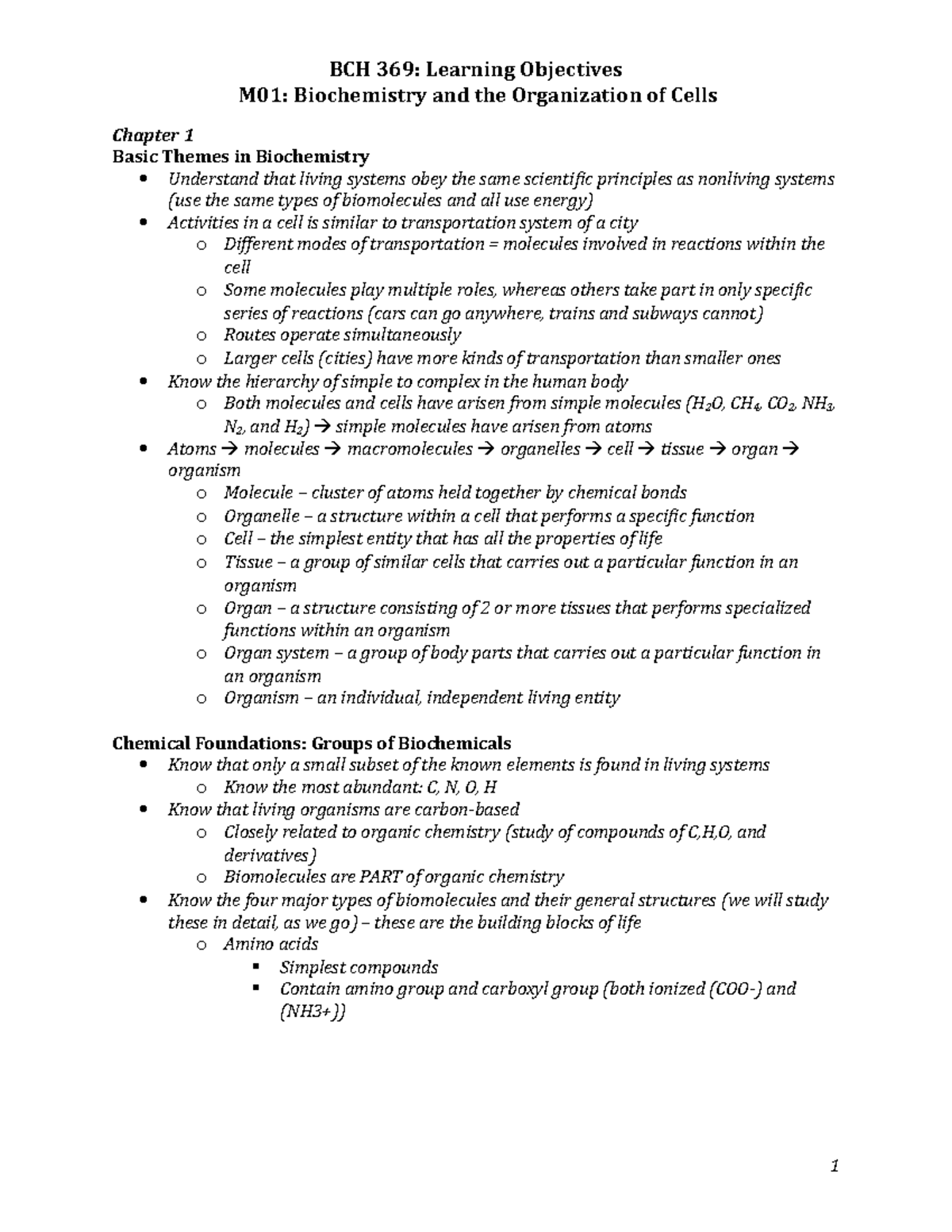 M01 LO - Professor Grabner - M01: Biochemistry and the Organization of Cells Chapter 1 Basic ...