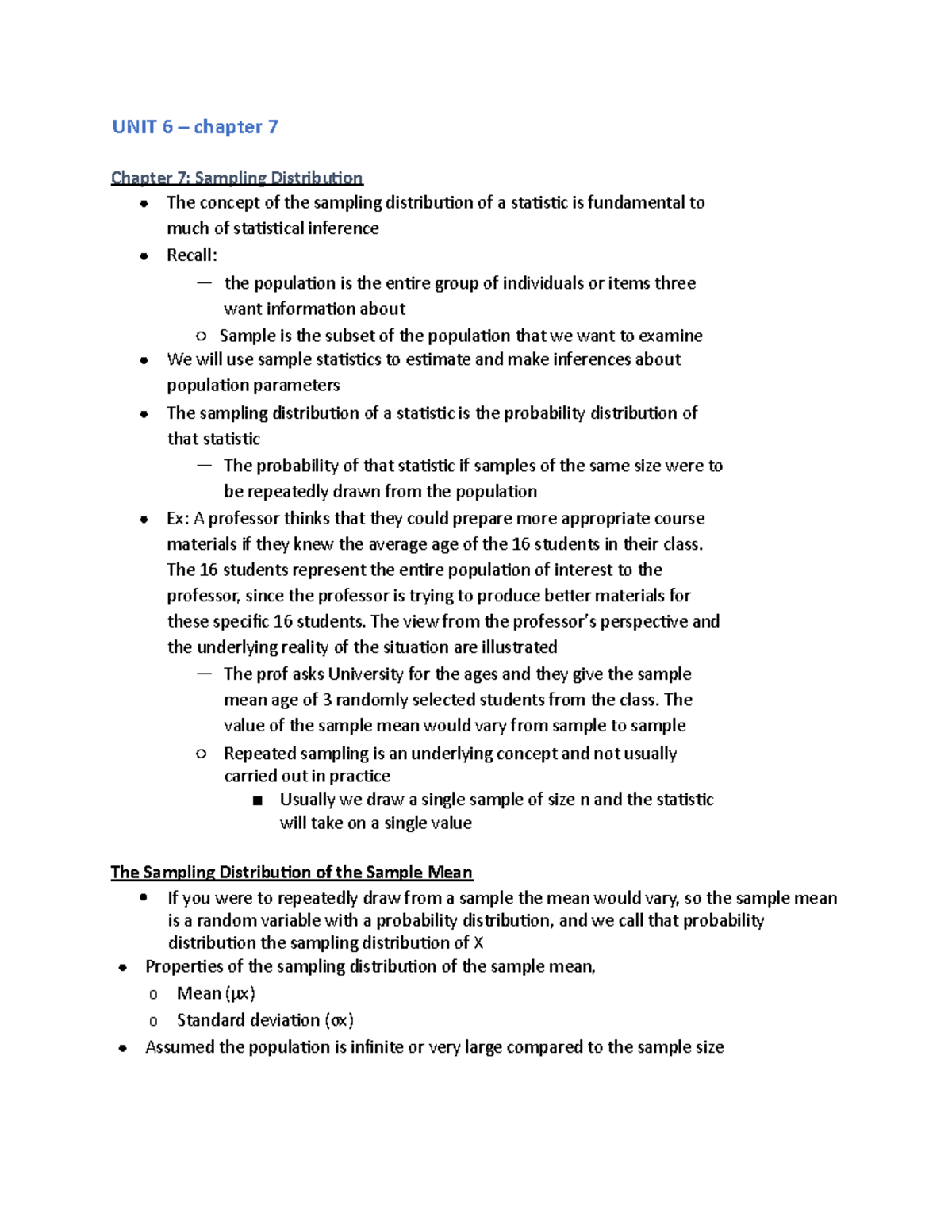 UNIT 6 - notes - UNIT 6 – chapter 7 Chapter 7: Sampling Distribution ...