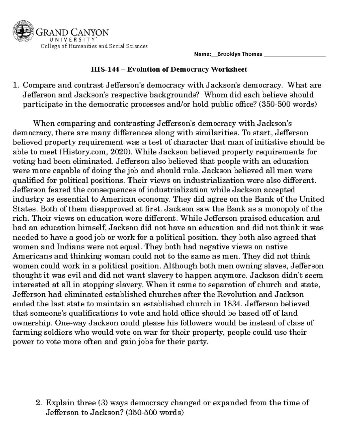 Evolution of Democracy worksheet HIS-144 - College of Humanities and ...