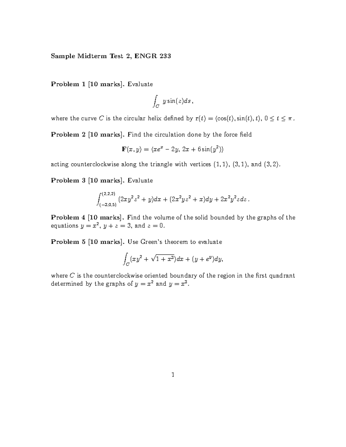 Sample MT 2 ENGR 233 - Sample Midterm Test 2, ENGR 233 Problem 1 [10 ...