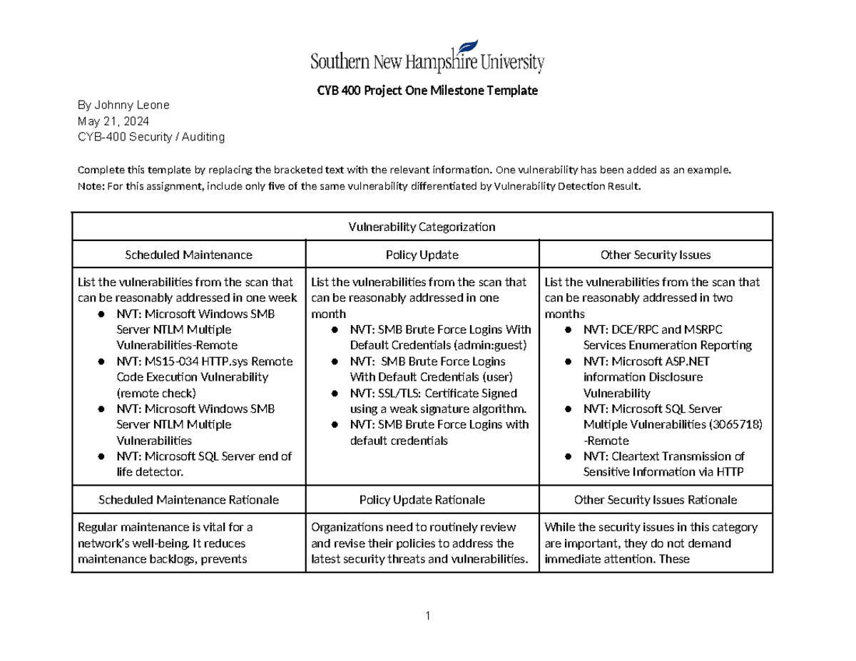 CYB 400 Project One Milestone Template - One vulnerability has been ...