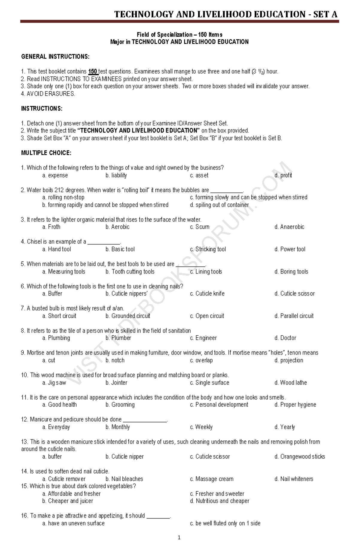 121 TLE 2019 Majorship - Reviewer - Field of Specialization – 150 Items ...