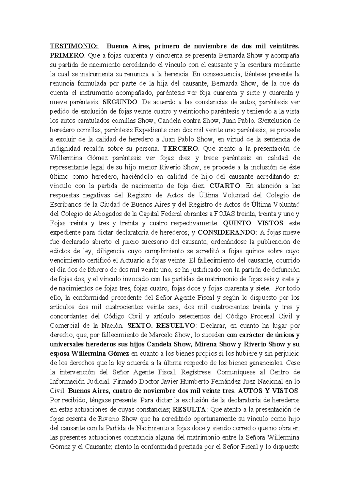 Testimonio - TESTIMONIO: Buenos Aires, primero de noviembre de dos mil ...