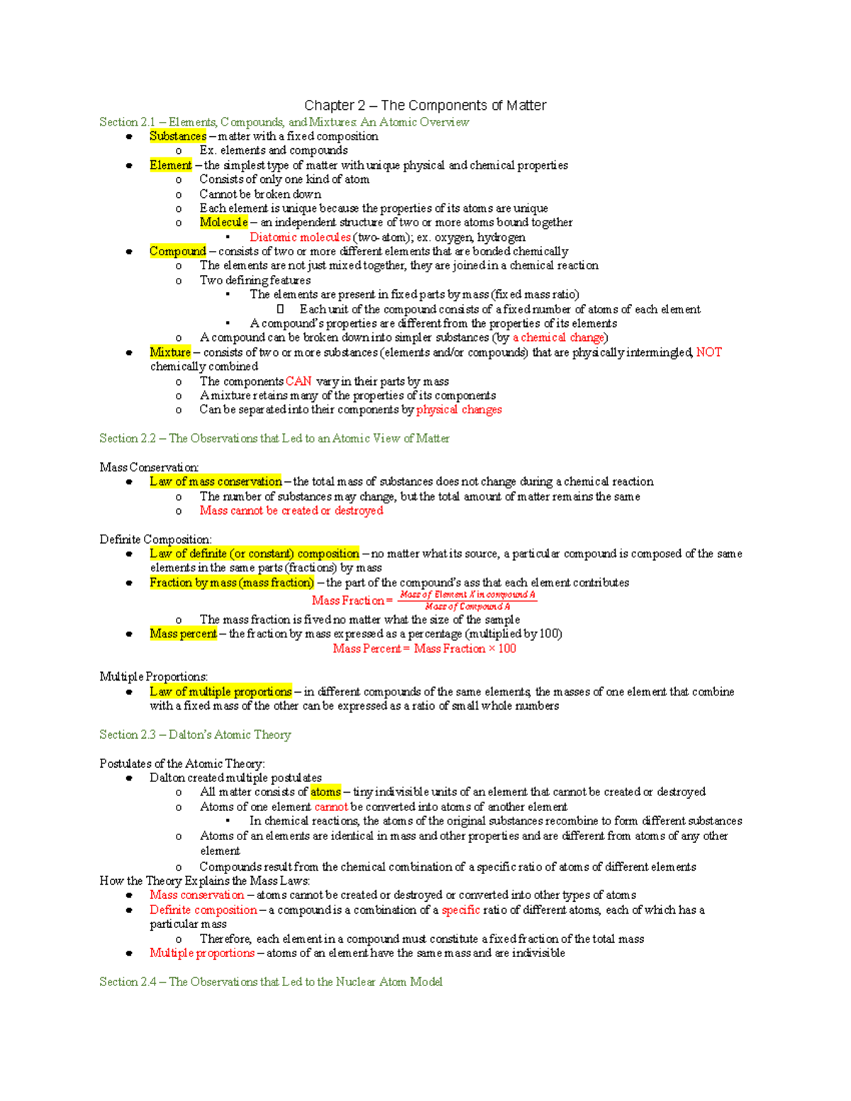 Chapter 2 Notes - Chapter 2 – The Components of Matter Section 2 ...