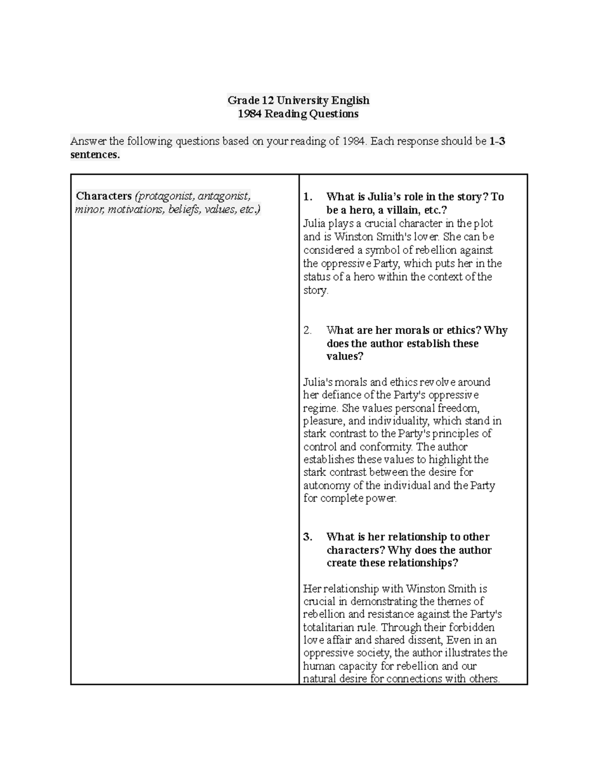 1984 Reading Questions - Grade 12 University English 1984 Reading ...