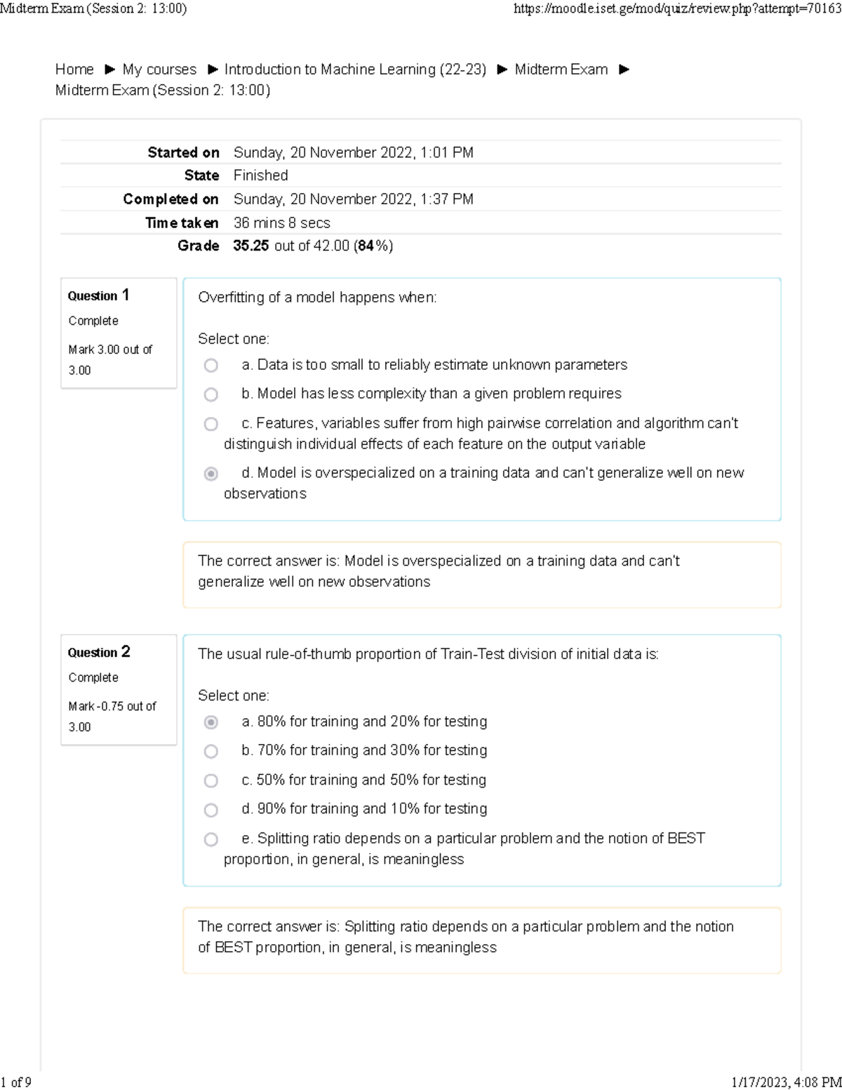 Midterm ML - Home My courses Introduction to Machine Learning (22-23) Midterm Exam Midterm - Studocu