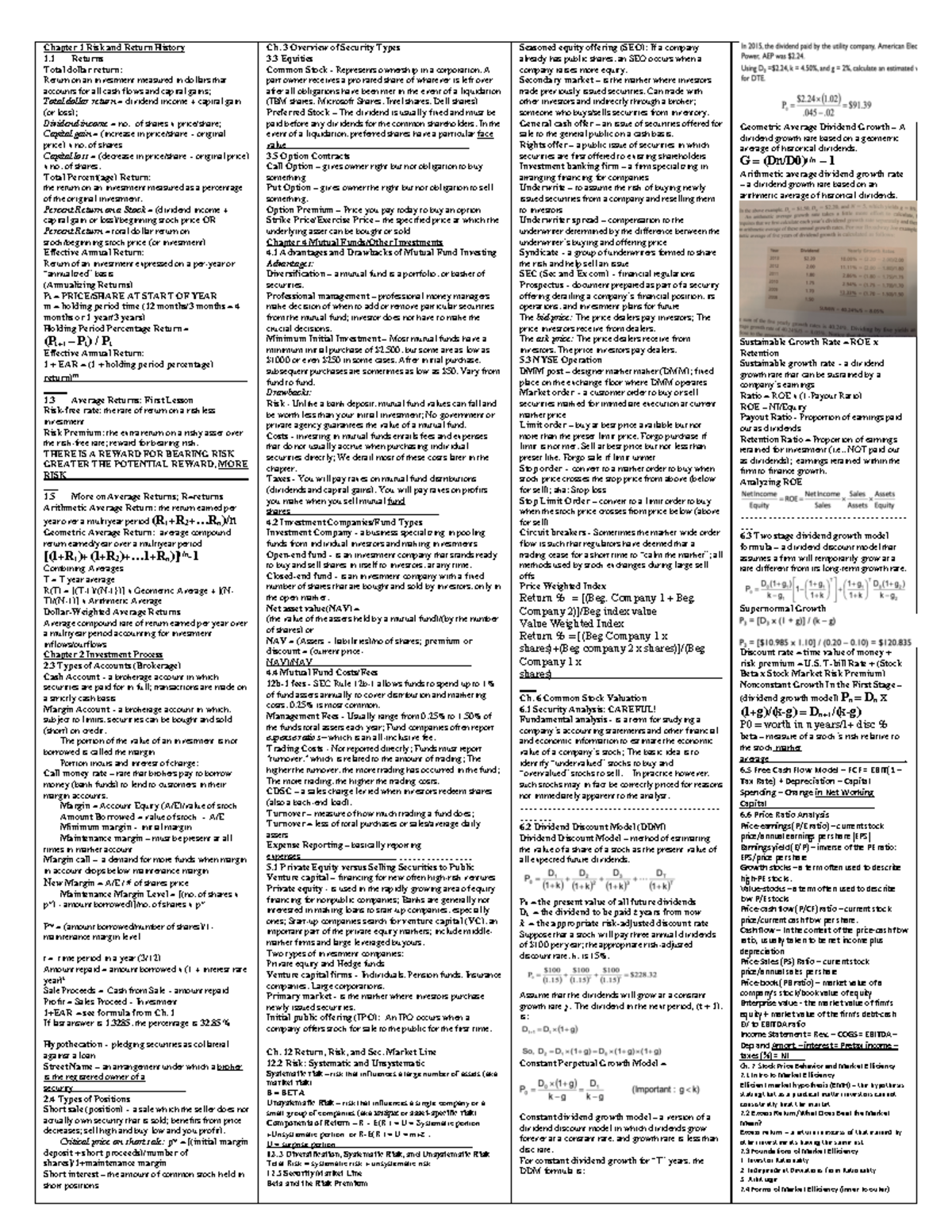 Cheat sheet - Warning: TT: undefined function: 32 Chapter 1 Risk and Return History 1 Returns ...