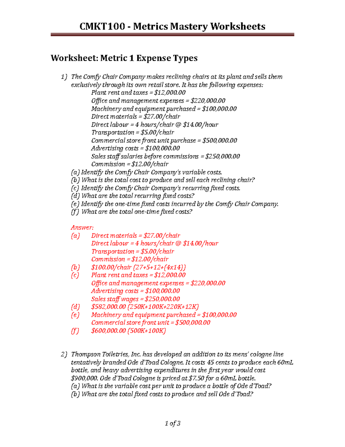 Metrics Mastery - Expense Types Solution - CMKT100 - Metrics Mastery Worksheets Worksheet ...