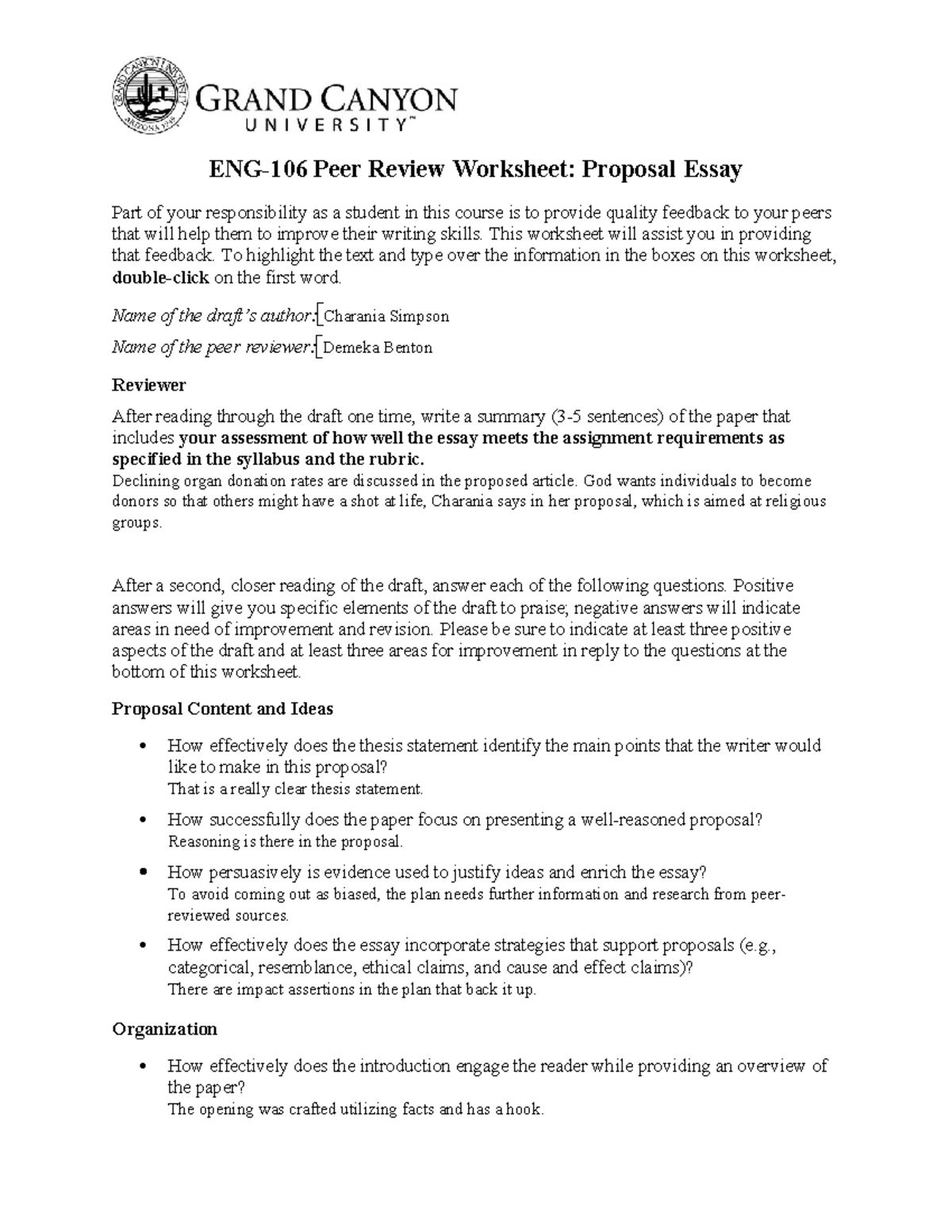 ENG106 Proposal Peer Review Worksheet - ENG-106 Peer Review Worksheet ...