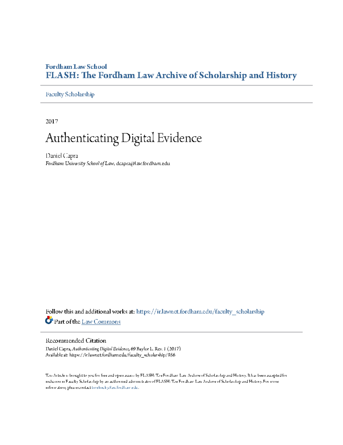Authenticating Digital Evidence - Fordham Law School FLASH: The Fordham Law Archive of ...