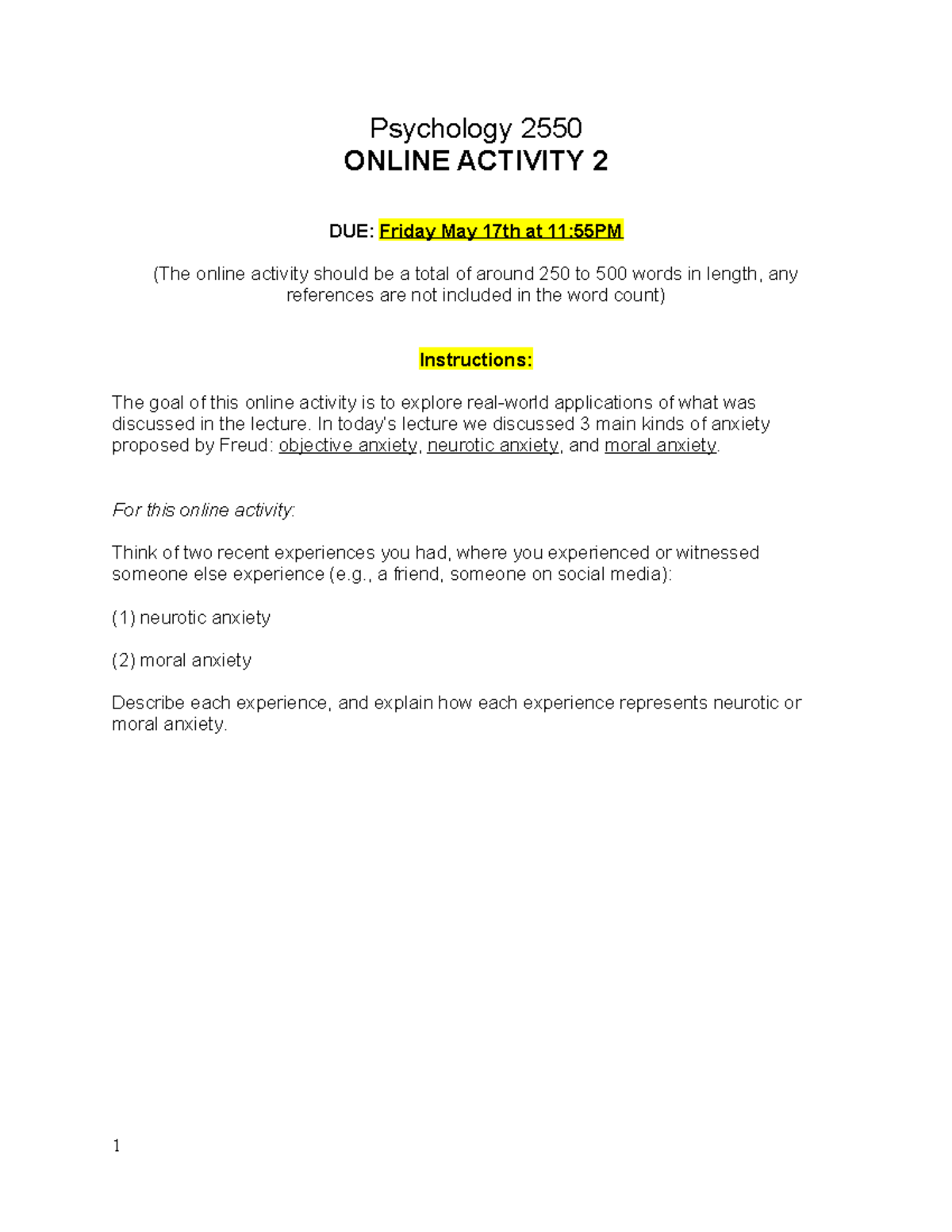 Online Activity 2 - Psychology 2550 - assigned May 15 - Psychology 2550 ...