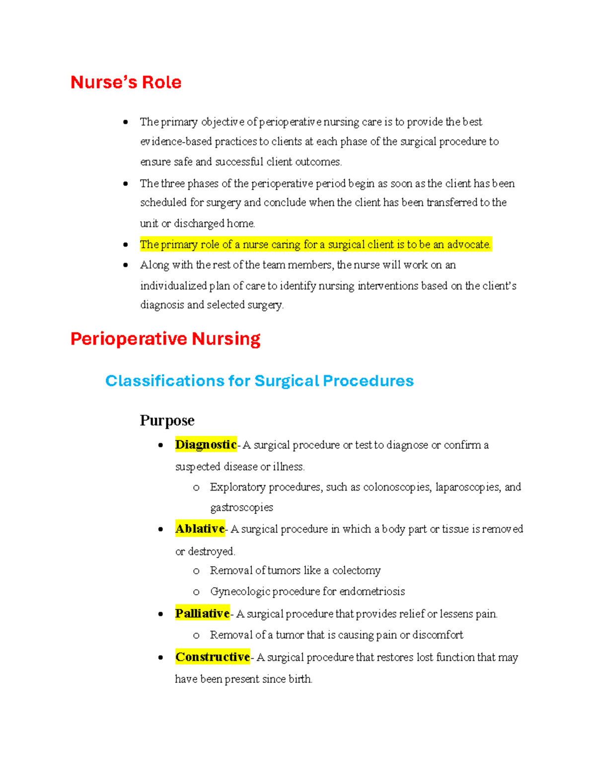Surgical Client Notes - Nurse’s Role The primary objective of ...