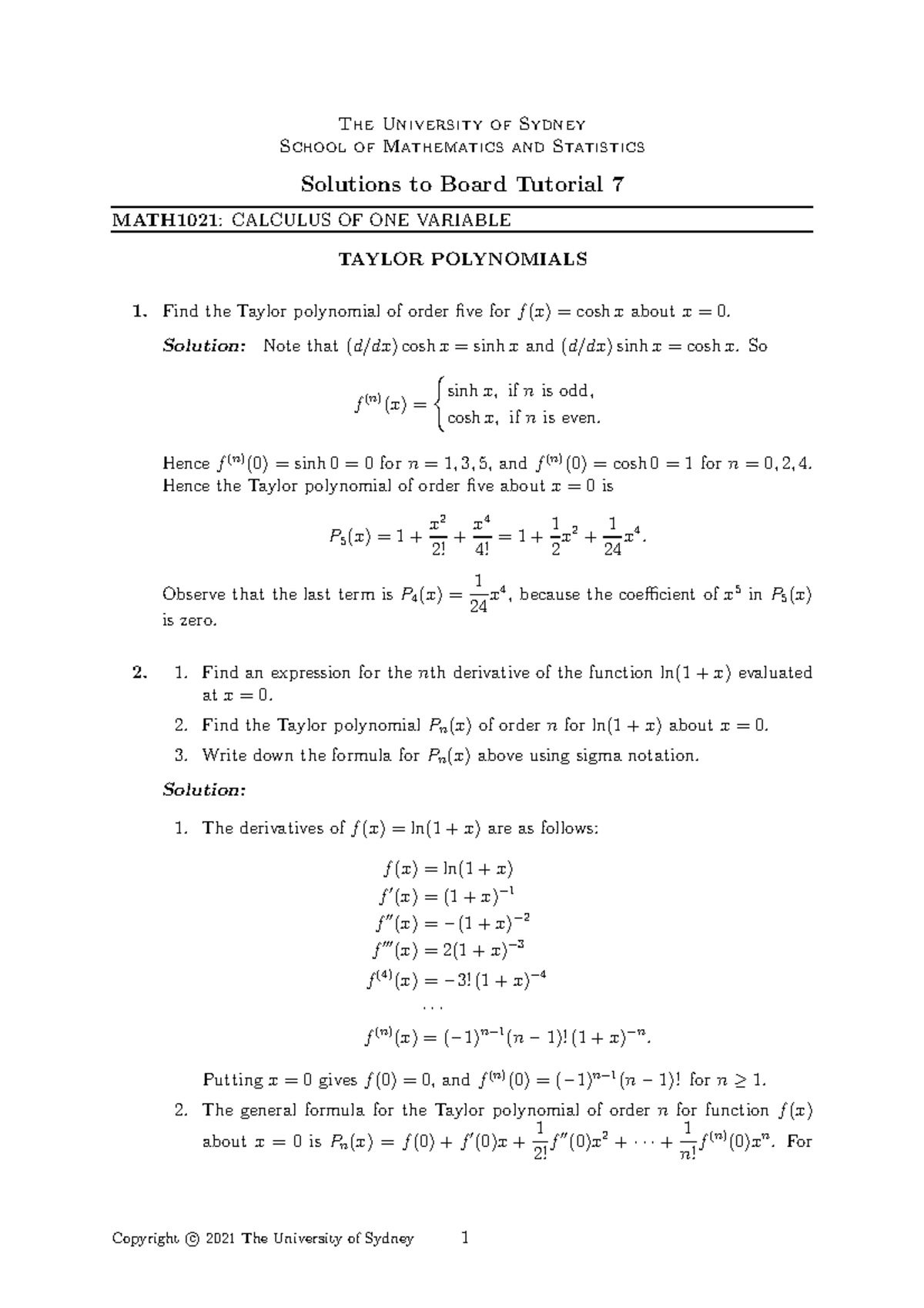 Board Tutorial-7-Sols - The University of Sydney School of Mathematics and Statistics Solutions ...