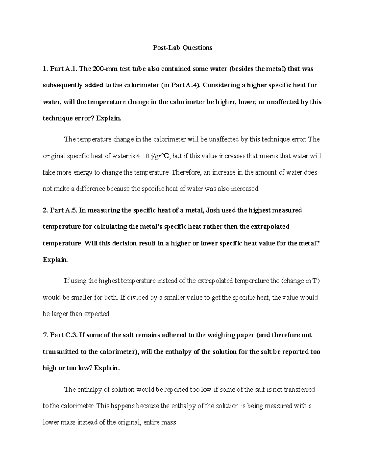 Experiment 25 Post lab questions - Post-Lab Questions Part A. The 200 ...