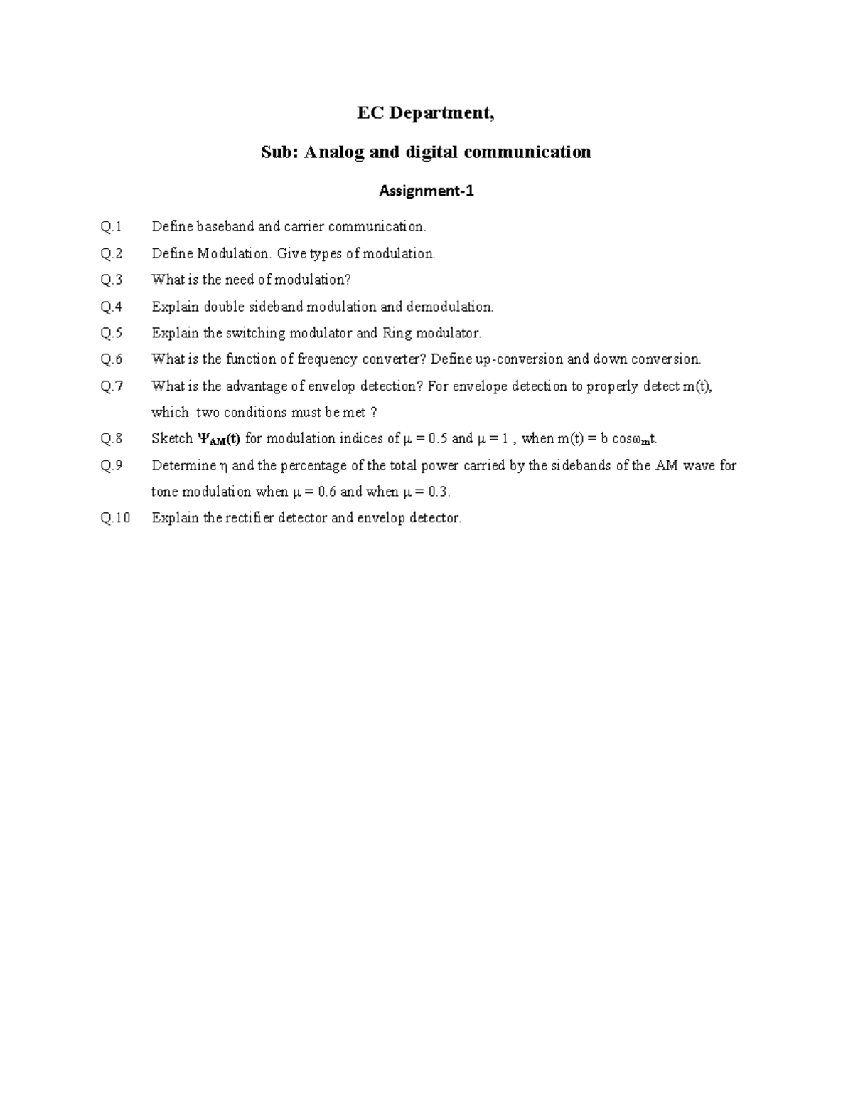 ADC Assignment -1 - EC Department, Sub: Analog and digital communication Assignment- Q Define ...