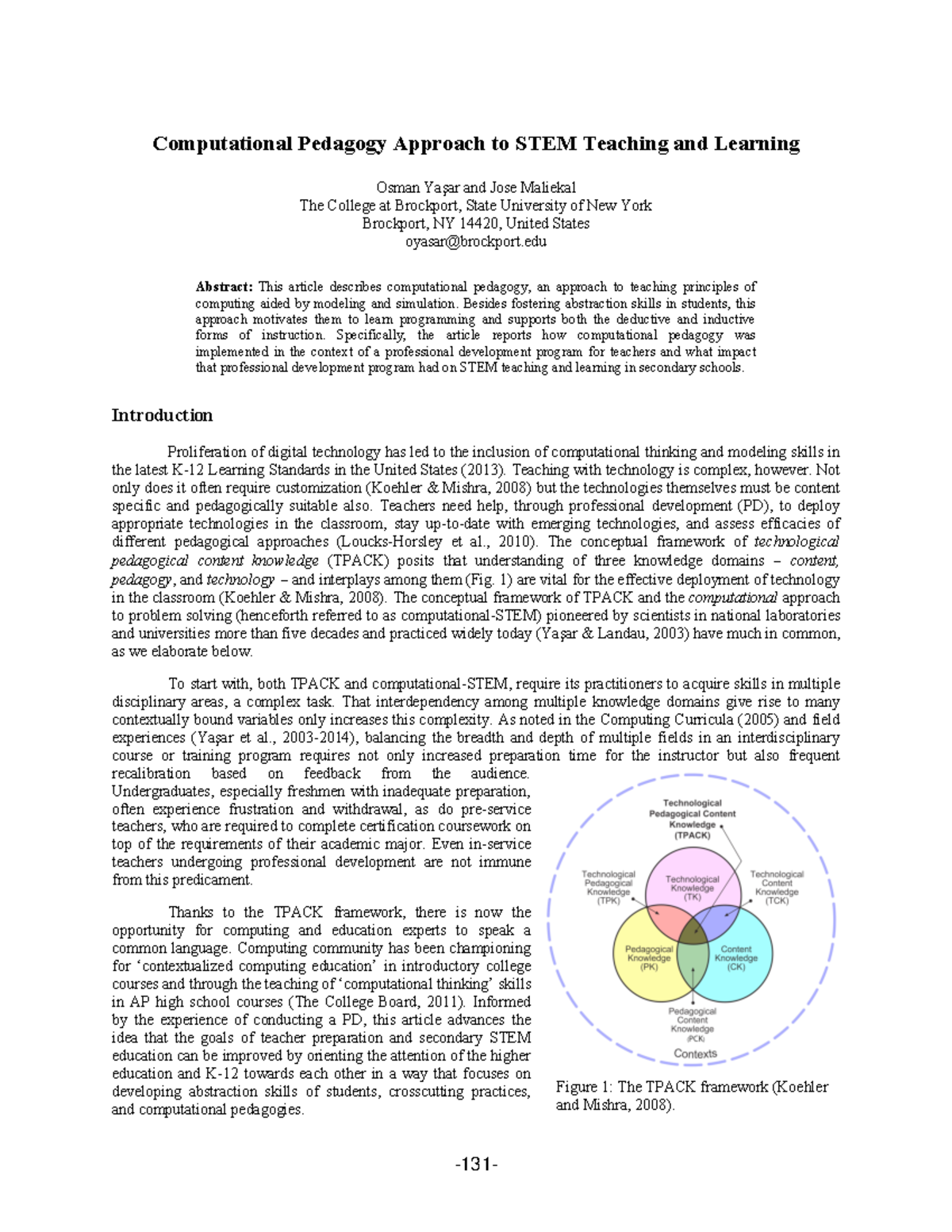 Computational Pedagogy Approach to STEM Teaching and Learning - Figure 1: The TPACK framework ...