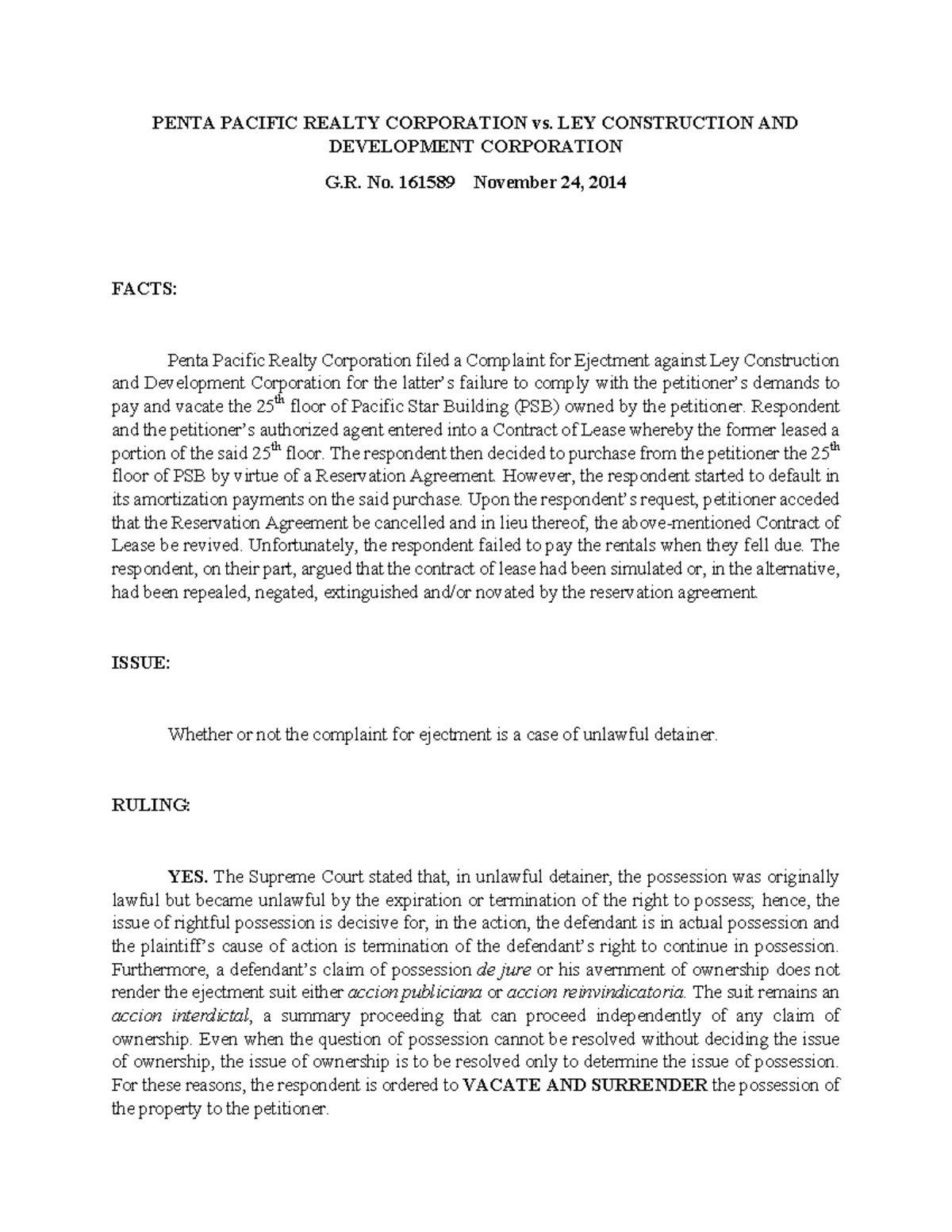 Case Digest (Penta Pacific v. Ley Construction) - PENTA PACIFIC REALTY ...