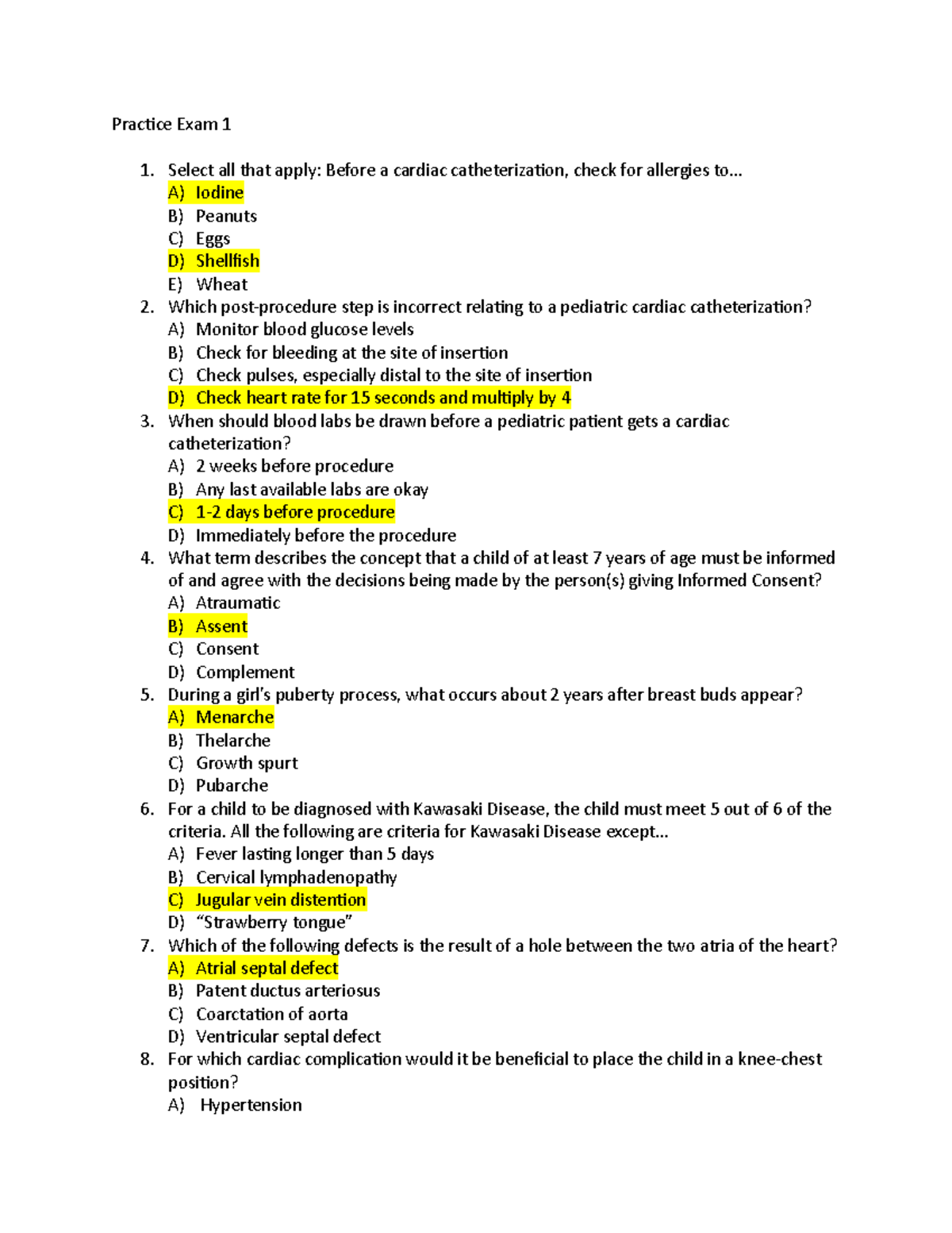 Pediatric practice exam 1 - Practice Exam 1 Select all that apply ...