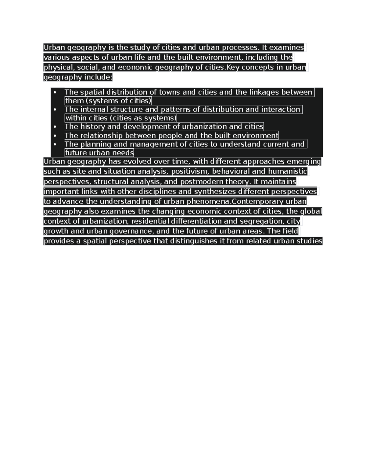 Document - notes - Urban geography is the study of cities and urban ...