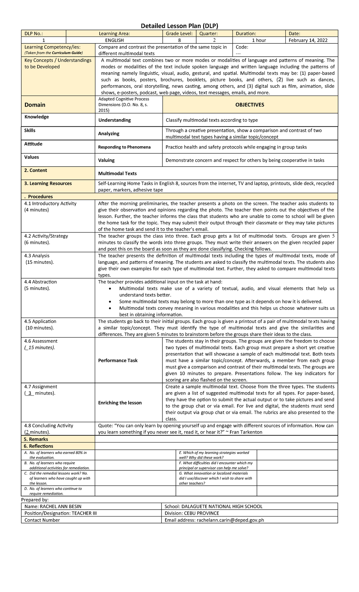 Toaz - Detailed Lesson Plan (DLP) DLP No.: Learning Area: Grade Level ...