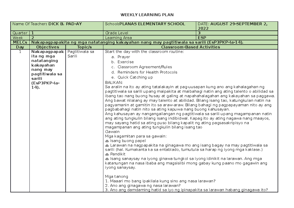 WLP3 Q1 W2 - wlp - WEEKLY LEARNING PLAN Name Of Teacher: DICK B. PAD-AY ...