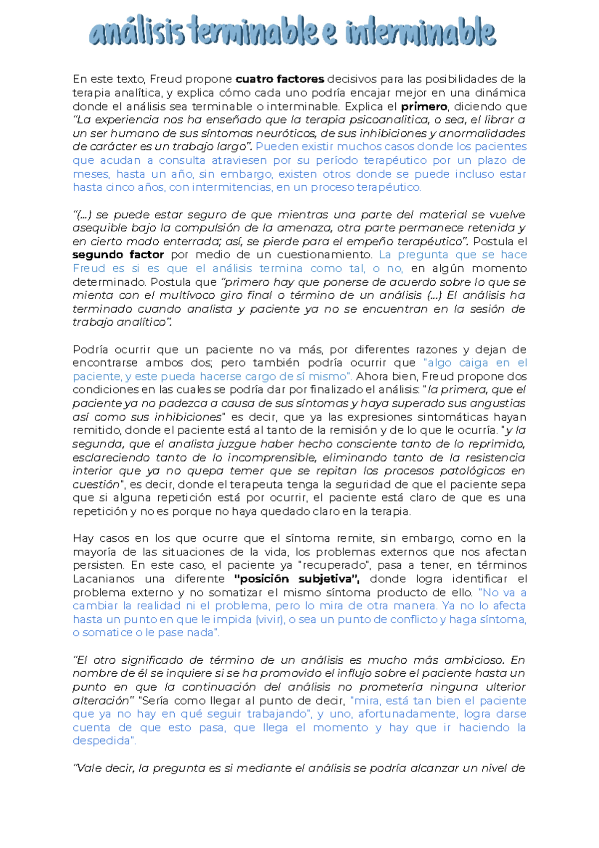 Análisis Terminable e Interminable - En este texto, Freud propone ...