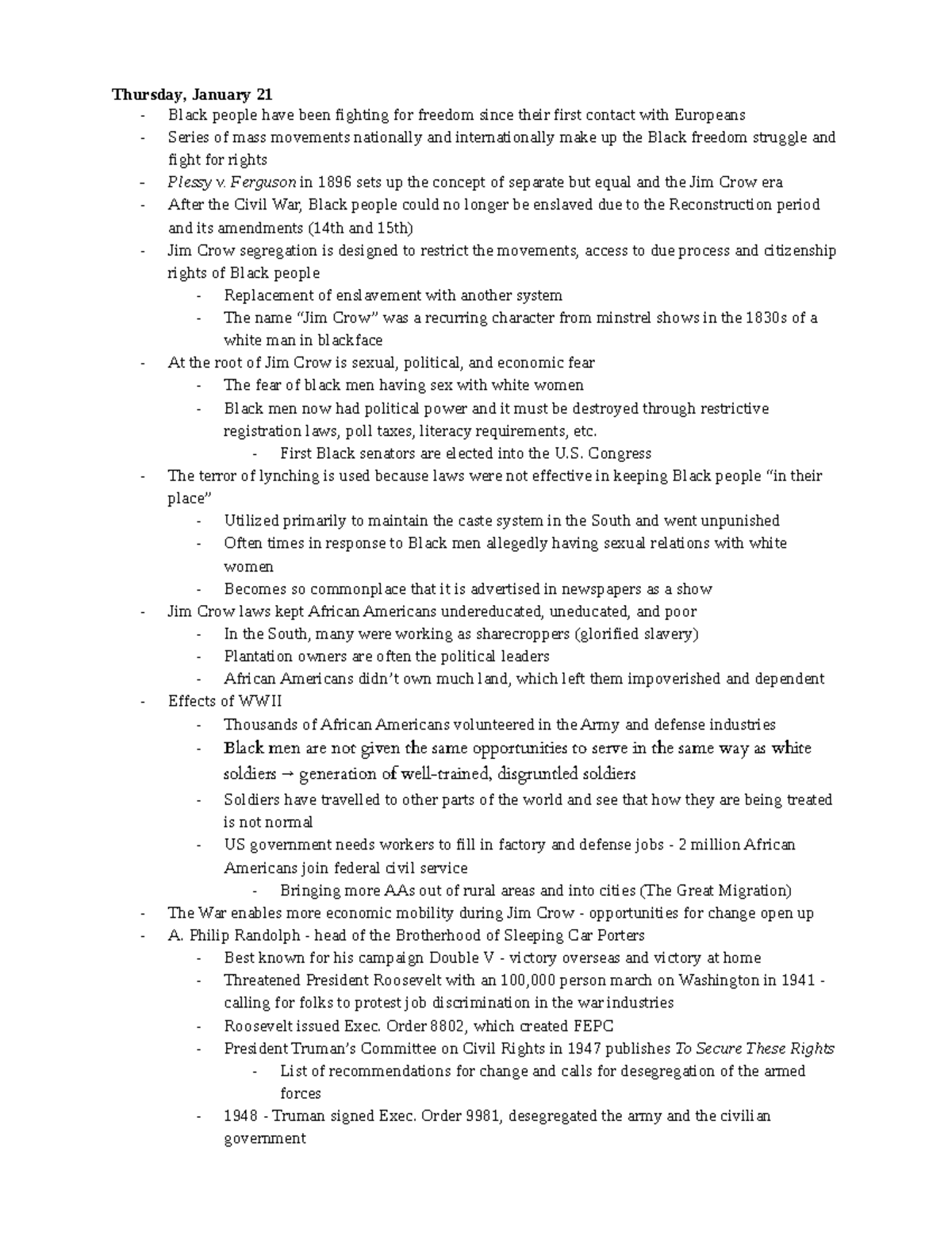 Black Freedom Struggle Class Notes - Thursday, January 21 - Black ...