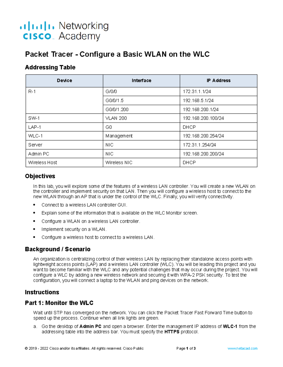 20.2.1 Packet Tracer - Configure a Basic WLAN on the WLC - Packet ...