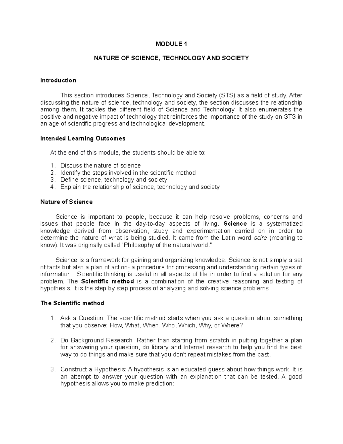 Module 1 Science Technology 1 - MODULE 1 NATURE OF SCIENCE, TECHNOLOGY ...