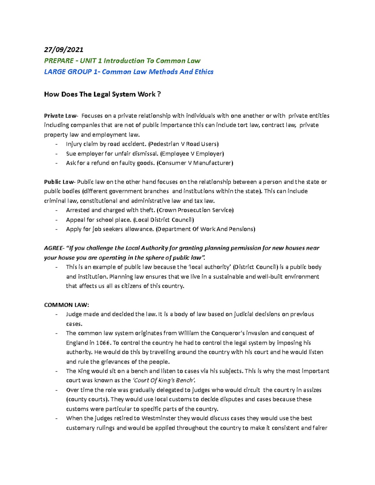 Common Law - N/a - 27/09/ PREPARE - UNIT 1 Introduction To Common Law ...