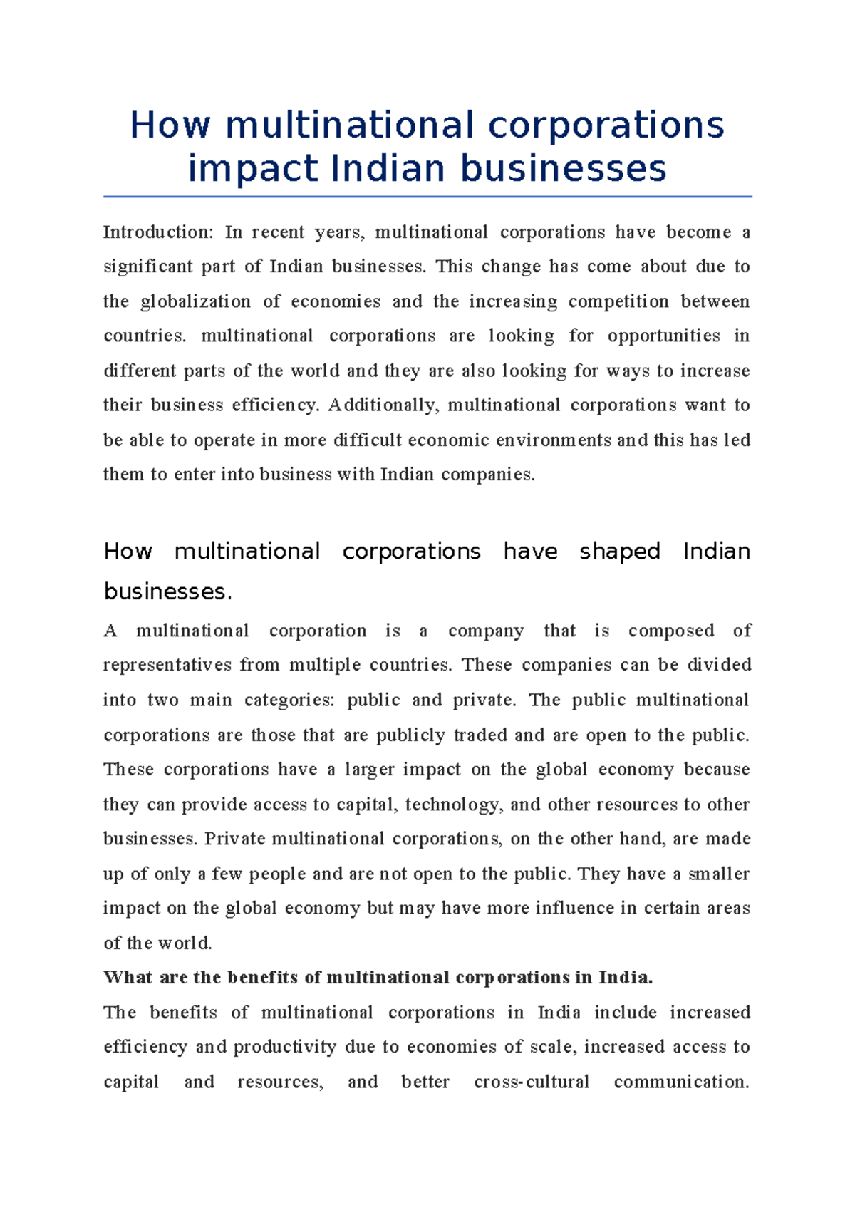 How multinational corporations impact Indian businesses - How ...