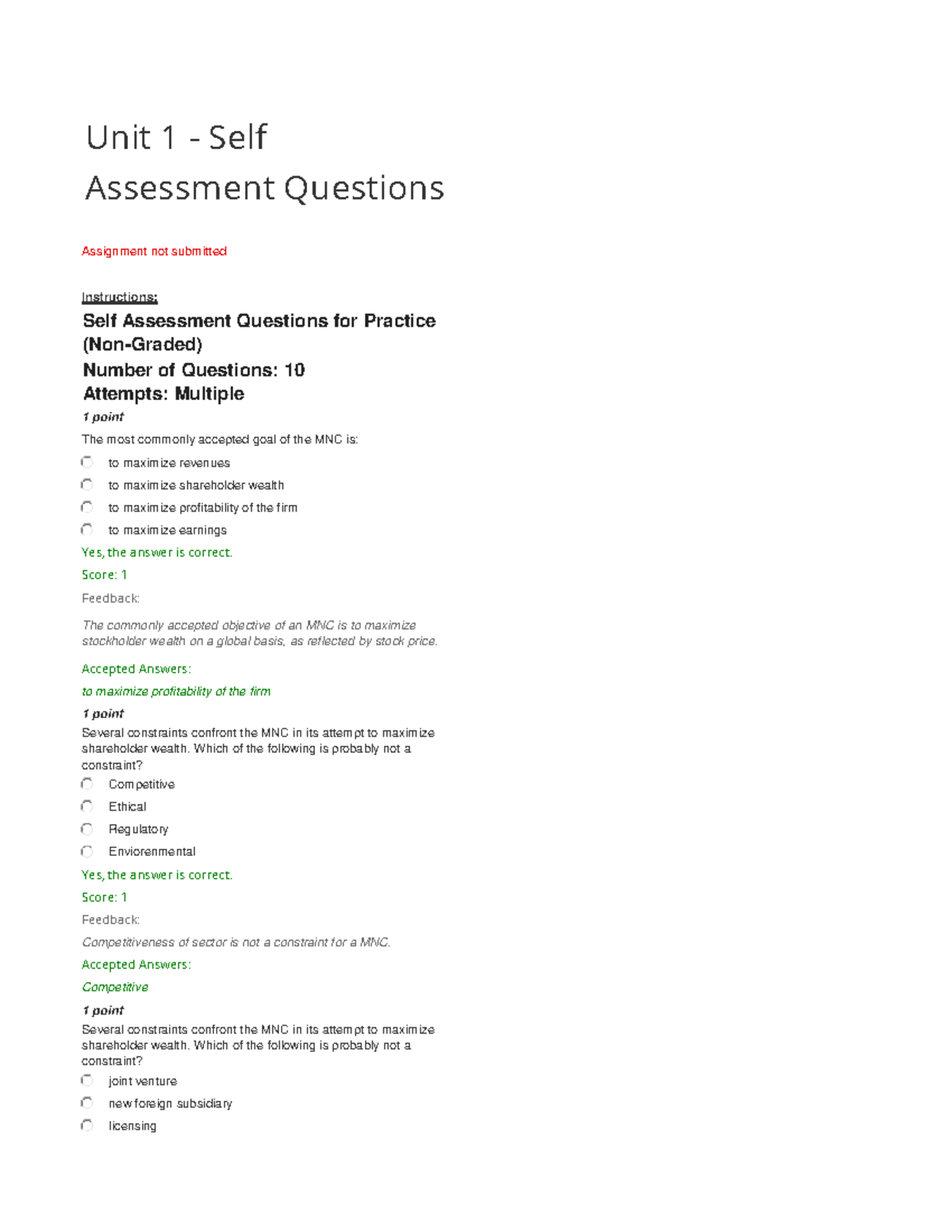 International Financial Management - Unit 1 - Self Assessment Questions Assignment not submitted ...
