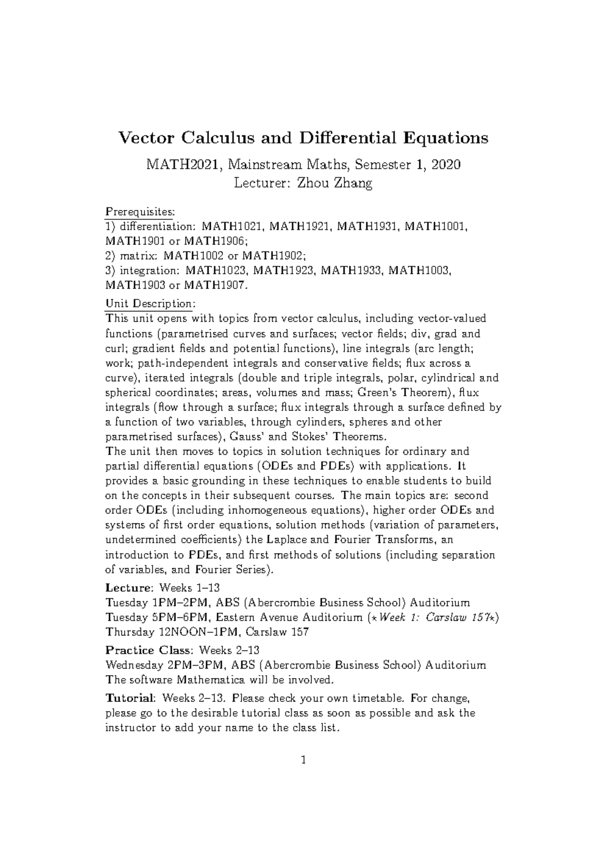 MATH2021-Year2020-Unit-Information-Sheet - Vector Calculus and ...
