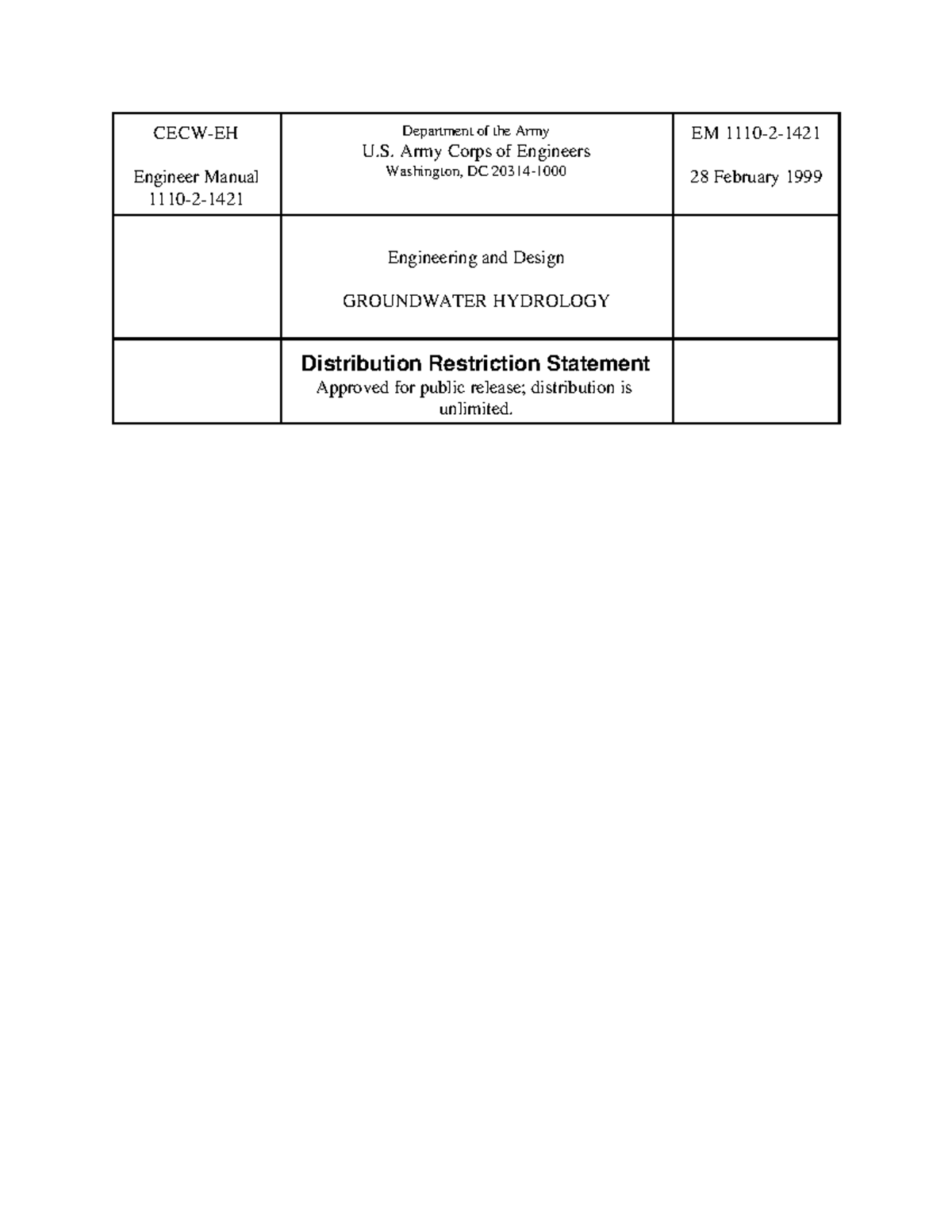 Groundwater hydrology - Department of the Army EM U. Army Corps of ...