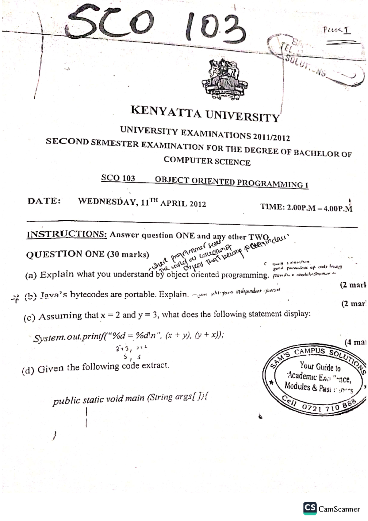 SCO 103 - Object Orientation Programming 1 - SCO 103 PUNKI solutions KENYATTA UNIVERSITY ...