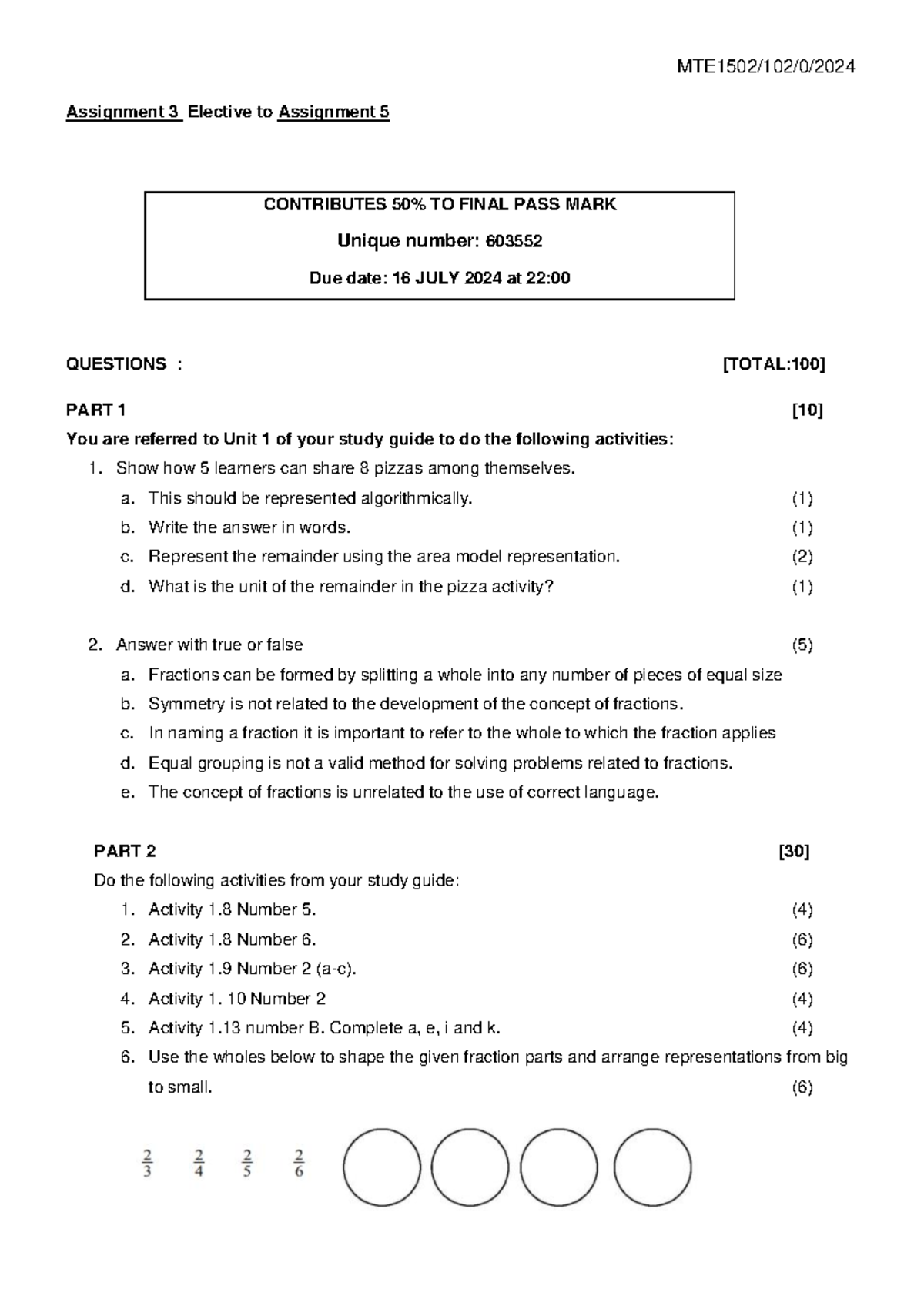 Mathematics 2 for teachers (MTE1502) assignment- University of South Africa. - Assignment 3 ...