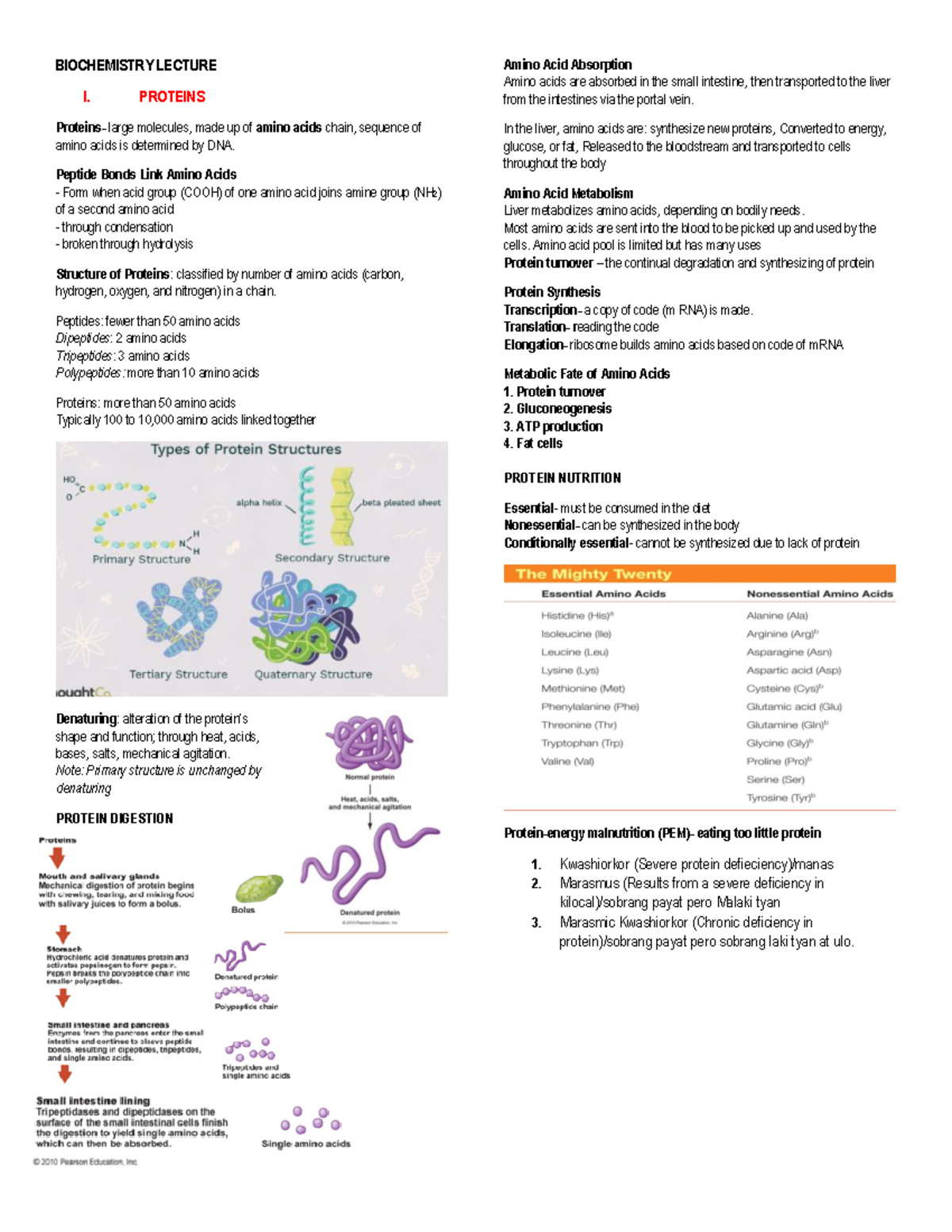 Biochemistry- Lecture REV - BIOCHEMISTRY LECTURE I. PROTEINS Proteins ...