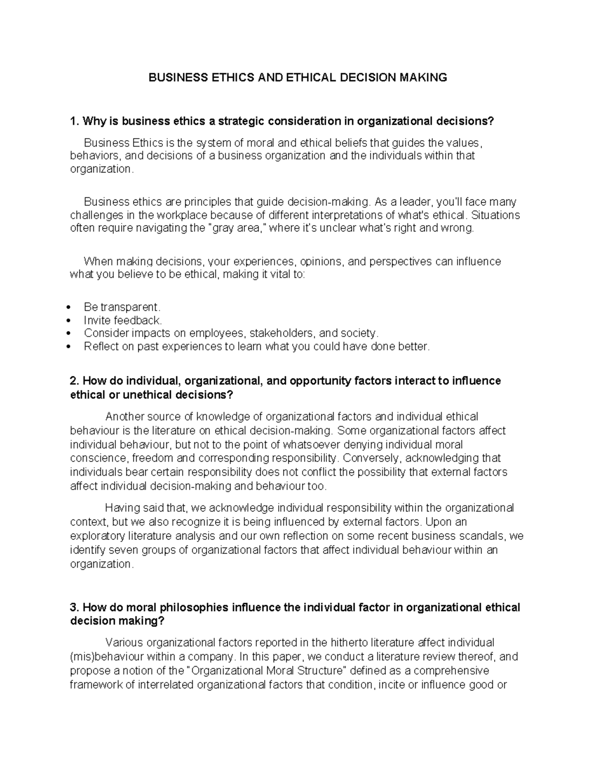 Business Ethics - BUSINESS ETHICS AND ETHICAL DECISION MAKING 1. Why is ...