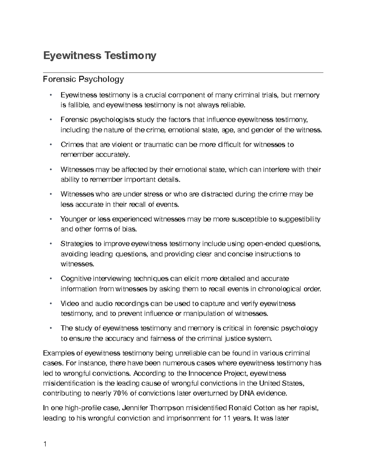 Eyewitness Testimony - This is an in depth summary of eye witness ...