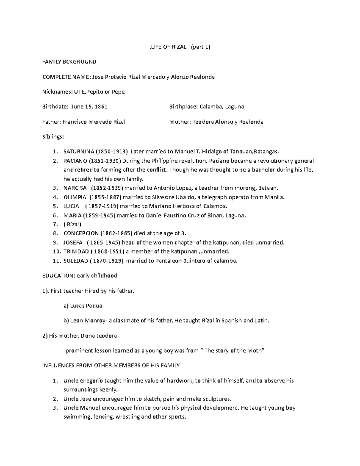 Life and works of Jose Protacio Rizal Mercado y Alonzo Realonda - .LIFE ...