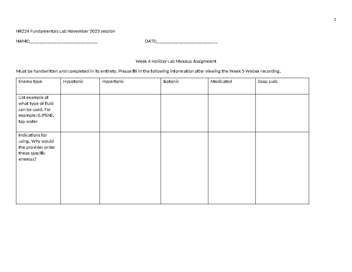 NR224 Fundamentals Lab-Week 4 Makeup Assignment-1 - 1 NR224 ...